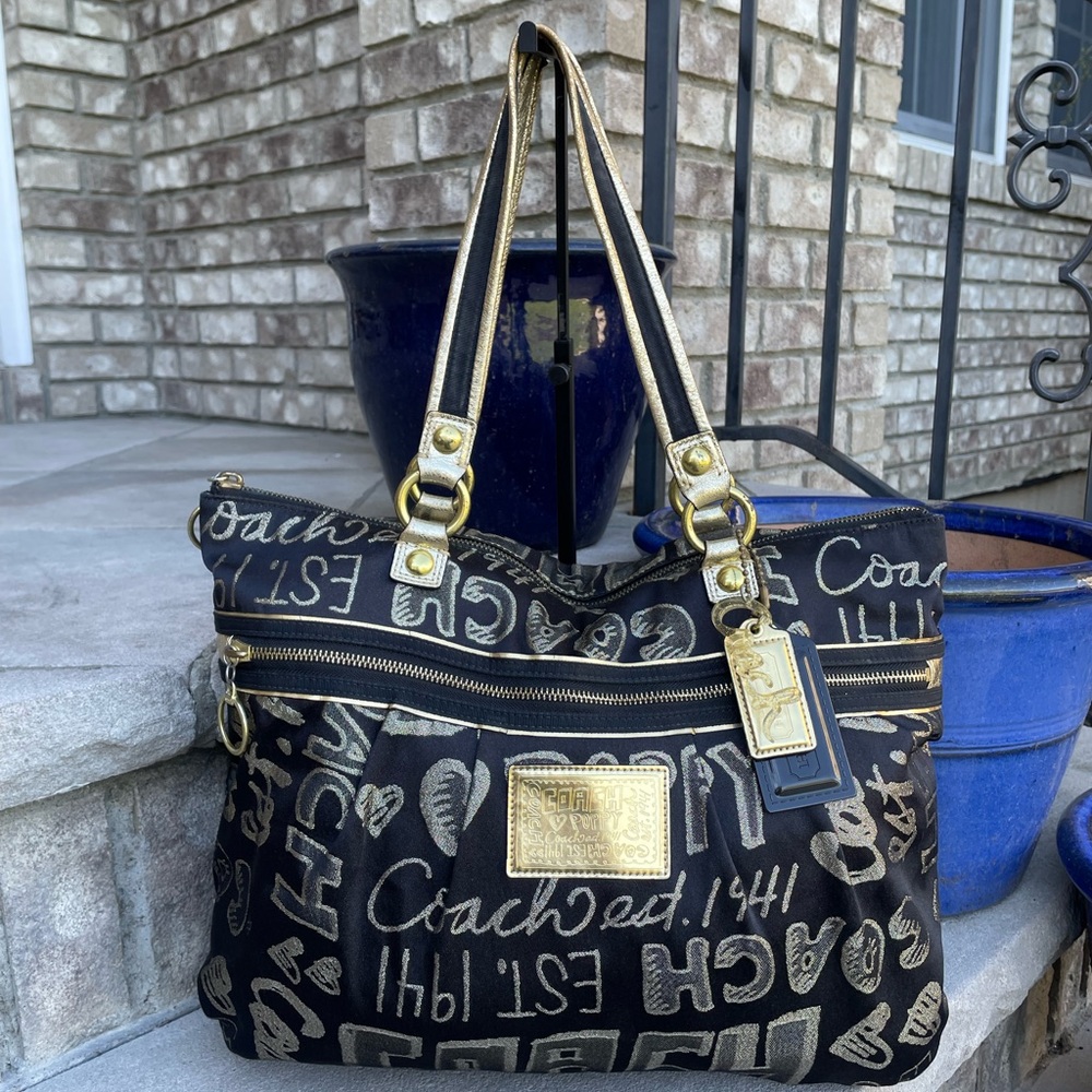 Coach Poppy Graffiti Scribble Black Gold Metallic Tot… - Gem
